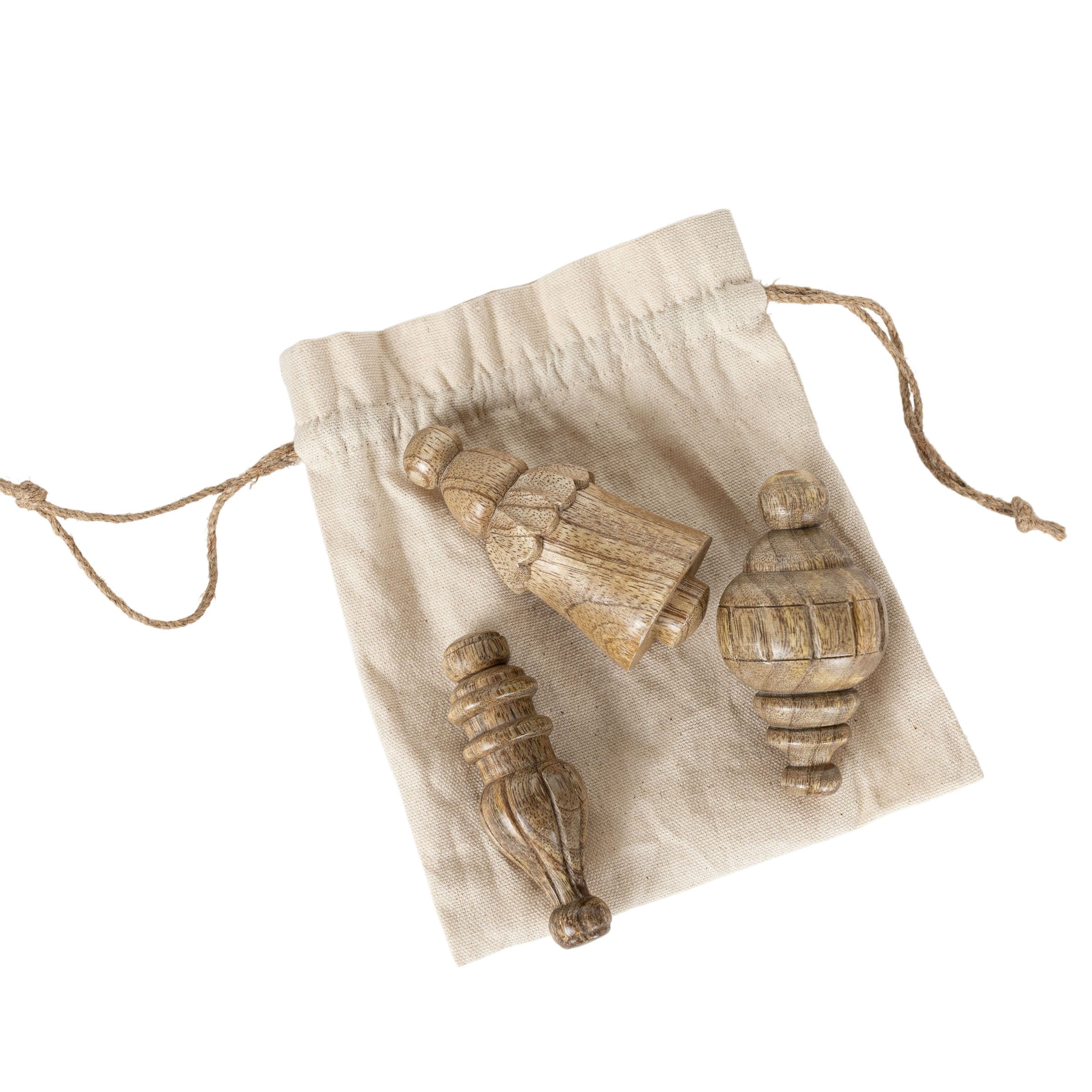 MALLORY SET OF 3 BOHO HAND CARVED WOOD BAUBLES IN CANVAS BAG (MIN 3 ...